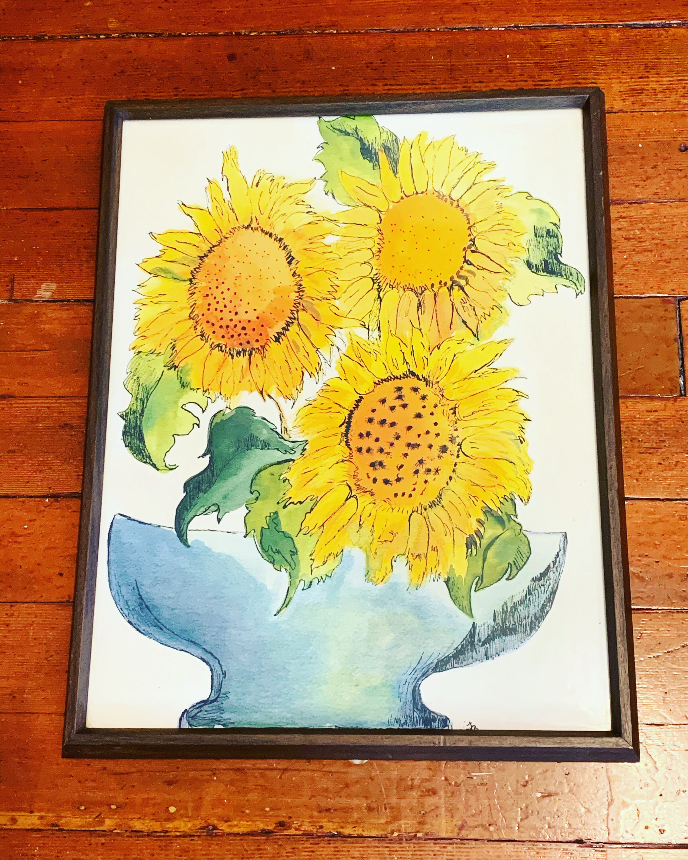 Mid Century Original Watercolor and Ink Sunflower Wall Art | Etsy
