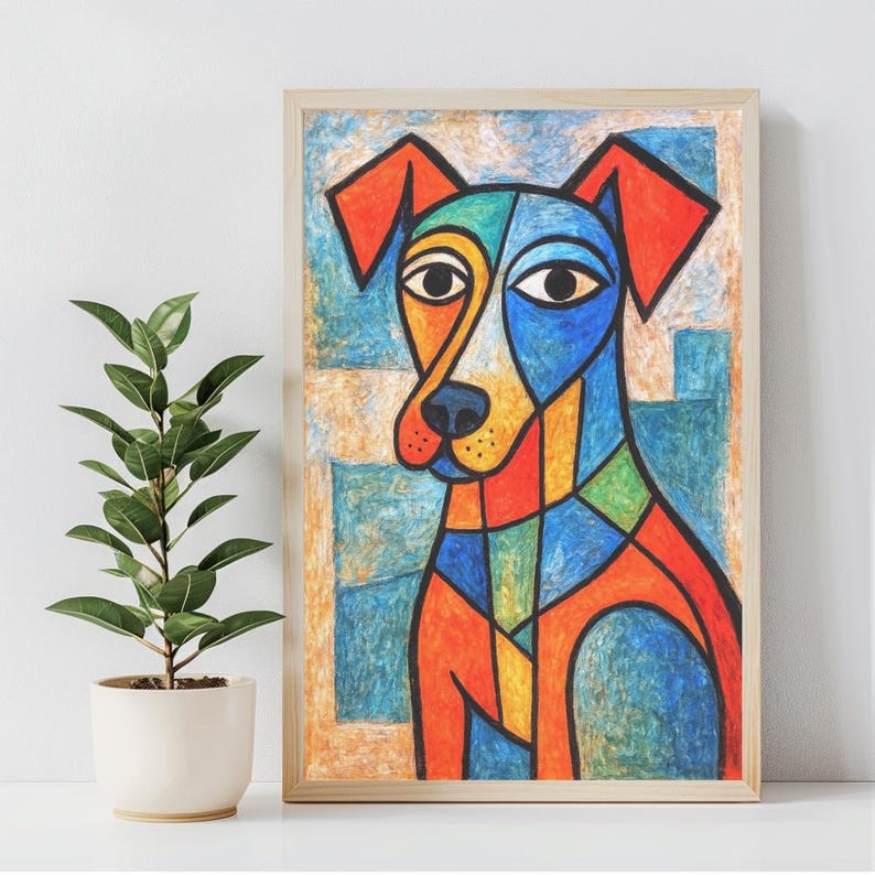 Colorful Abstract Dog Art Print – Modern Cubist Pet Portrait, Instant ...