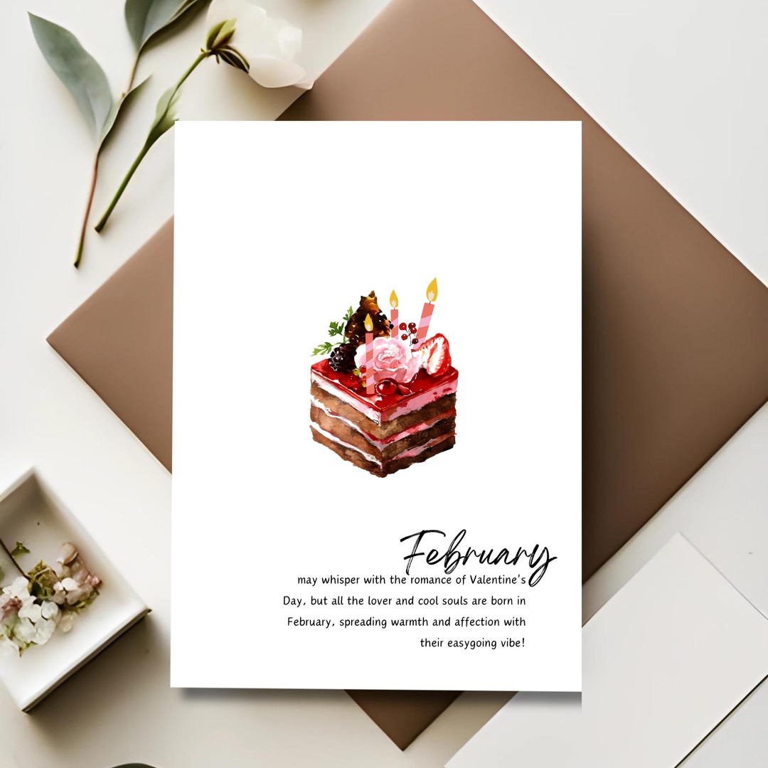 February Birthday Card: Watercolor Cake Design - Etsy