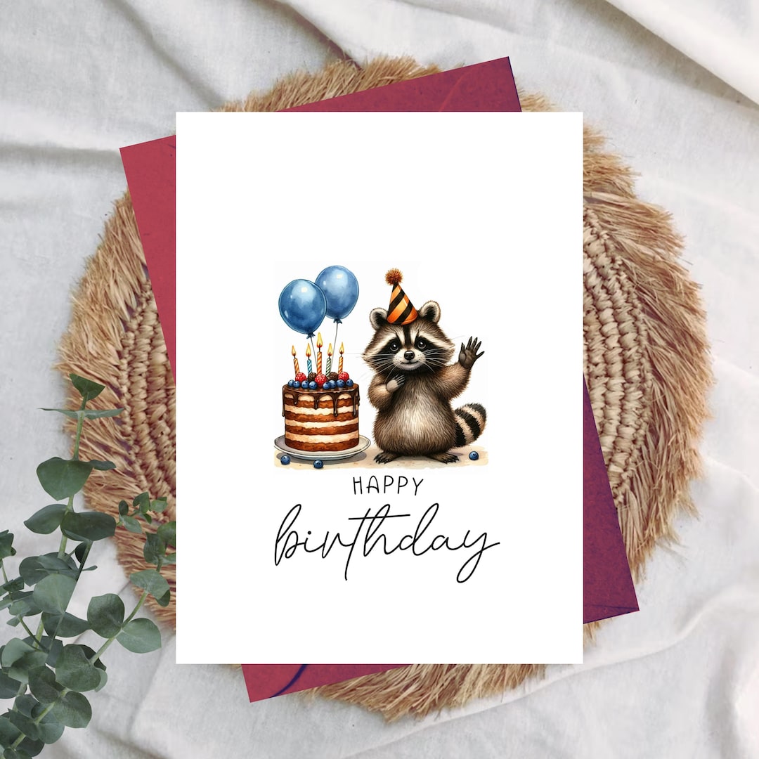 Happy Birthday Raccoon Card Cute Raccoon Birthday Card Raccoon Cards ...