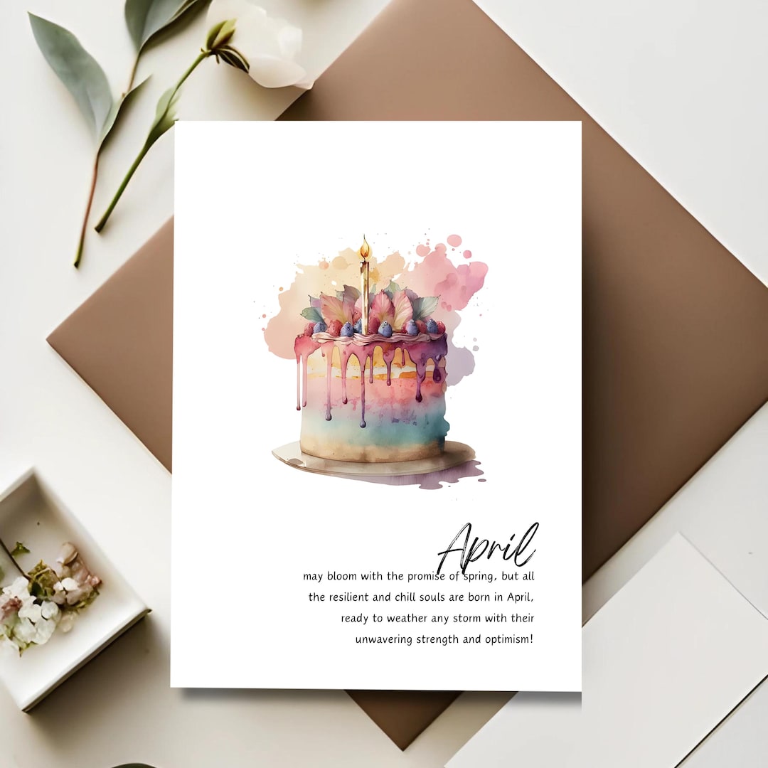 April Birthday Card: Watercolor Cake Design - Etsy