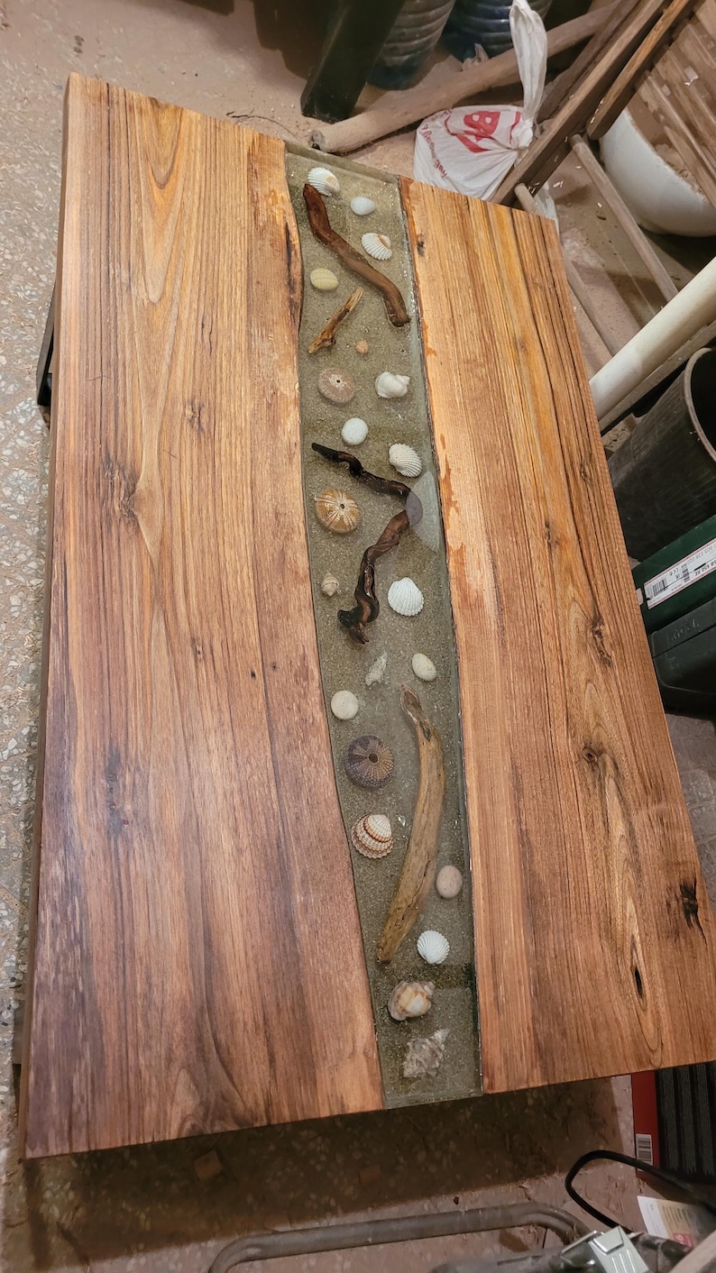 Walnut and Epoxy Coffee Table With Seashells and Driftwood - Etsy