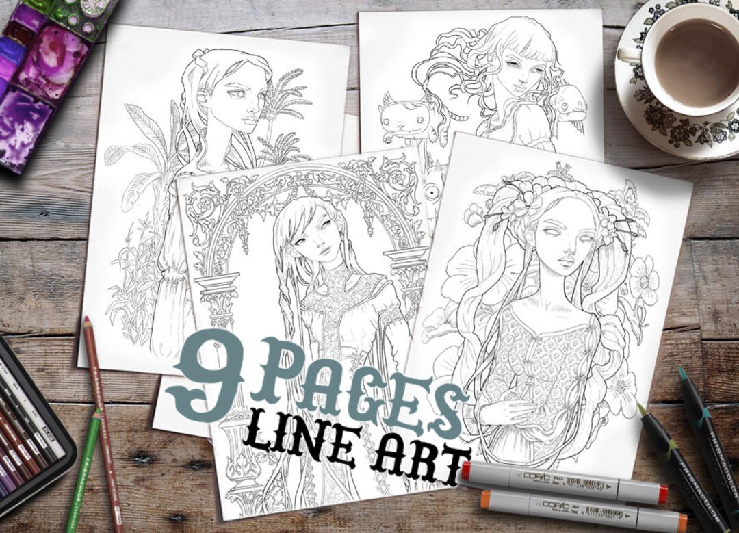 Colouring Pages for Adults | 9 Line Art Pages | Printable | Zan Von Zed ...