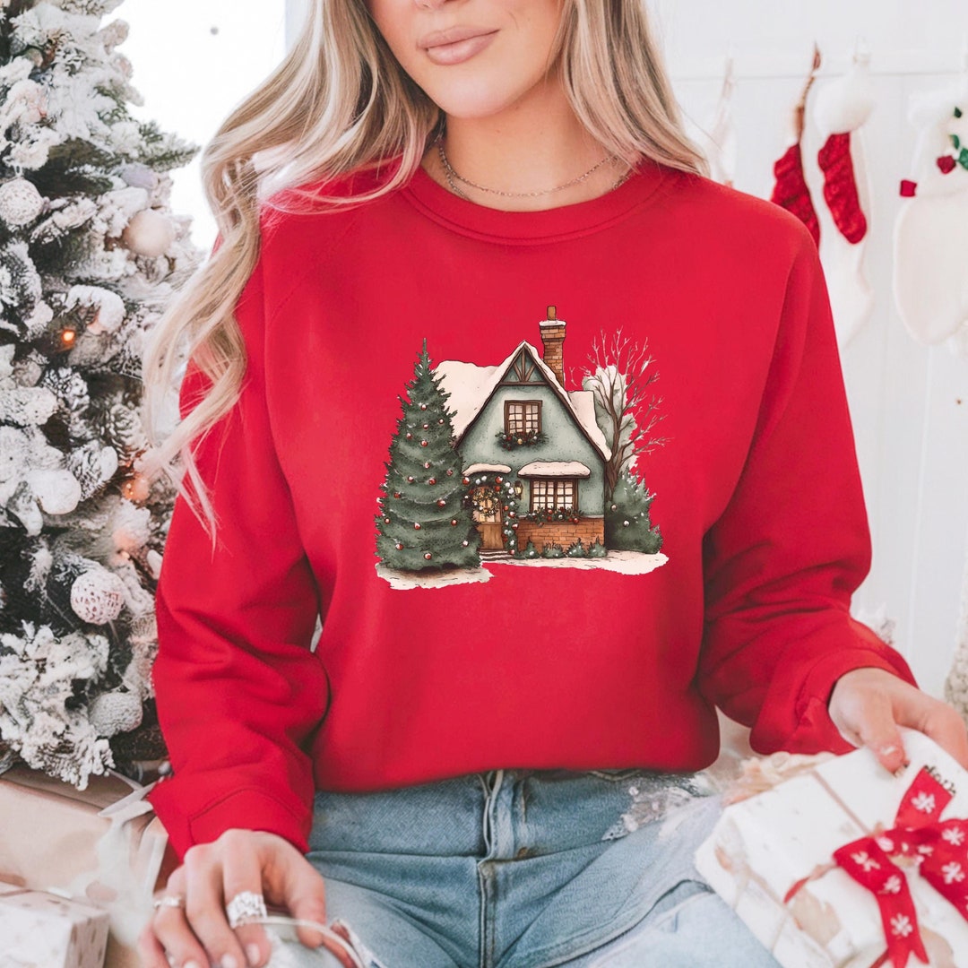 Christmas Cottage Christmas Tree Sweatshirt, Cozy Rustic Winter ...