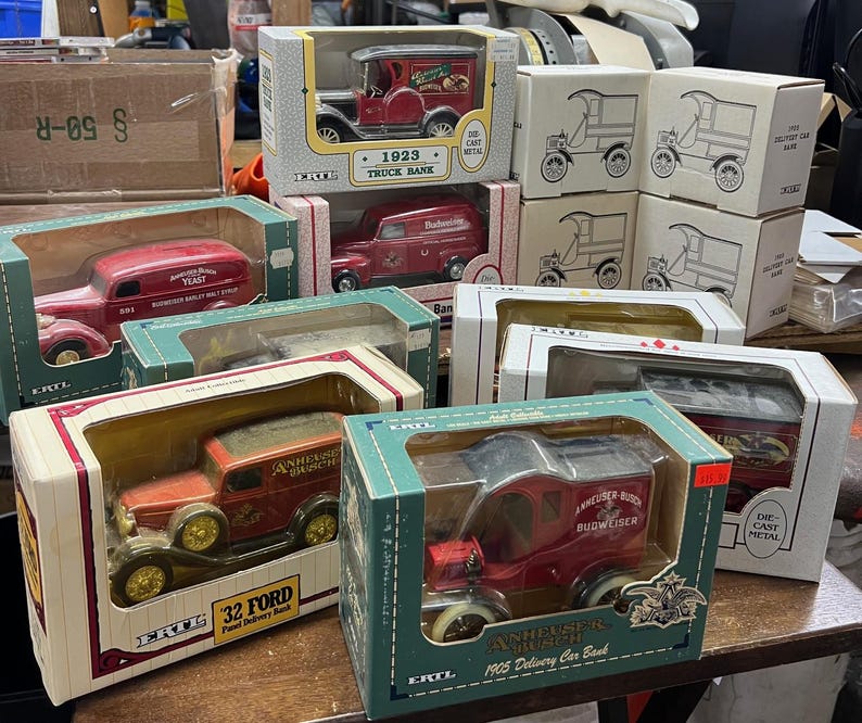 Collection of Die Cast Banks, Mostly Anheuser Busch Delivery Trucks ...