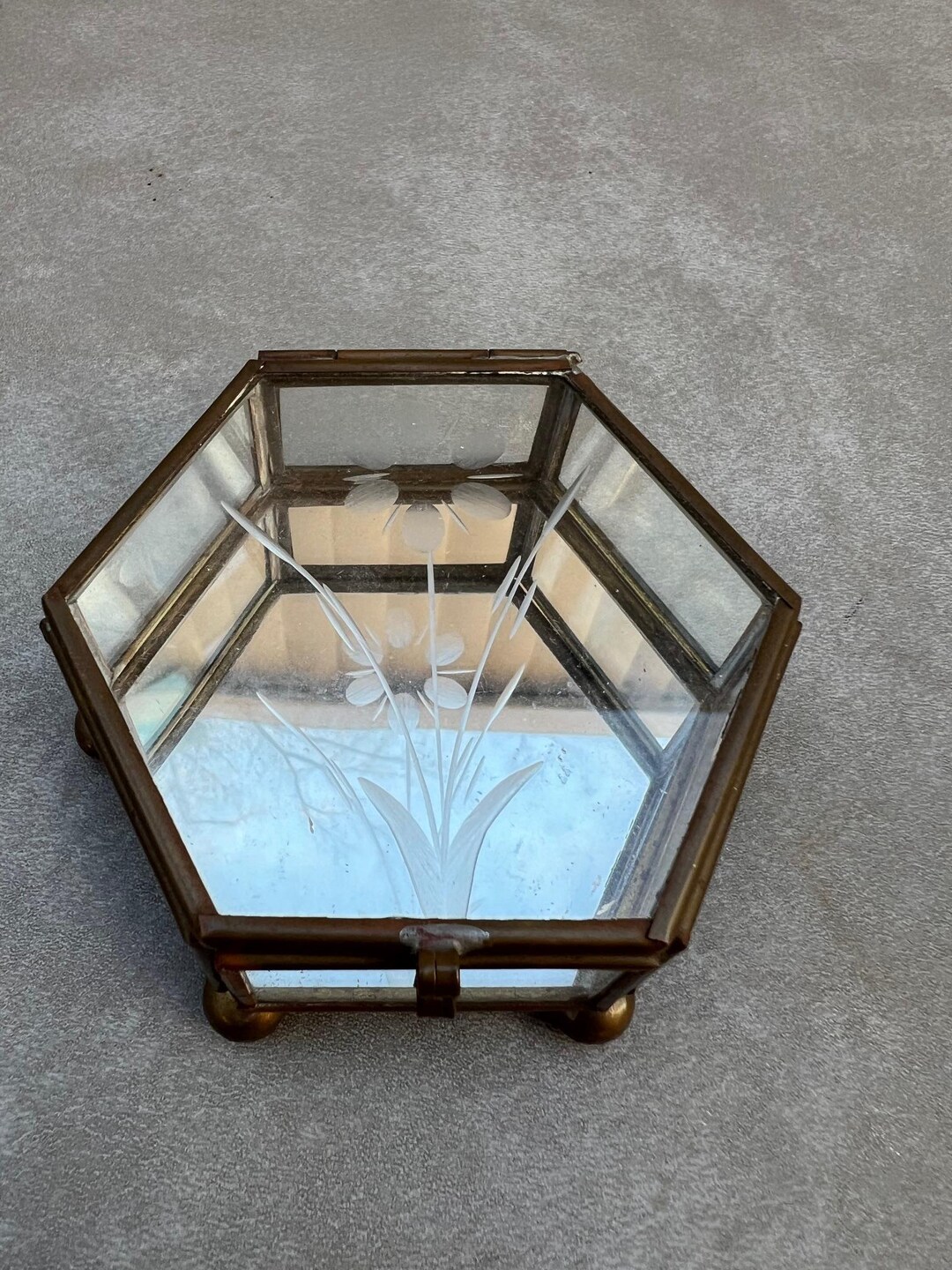 Etched Glass Box / Hexagon / Hummingbird / Mirror Bottom / Jewelry ...