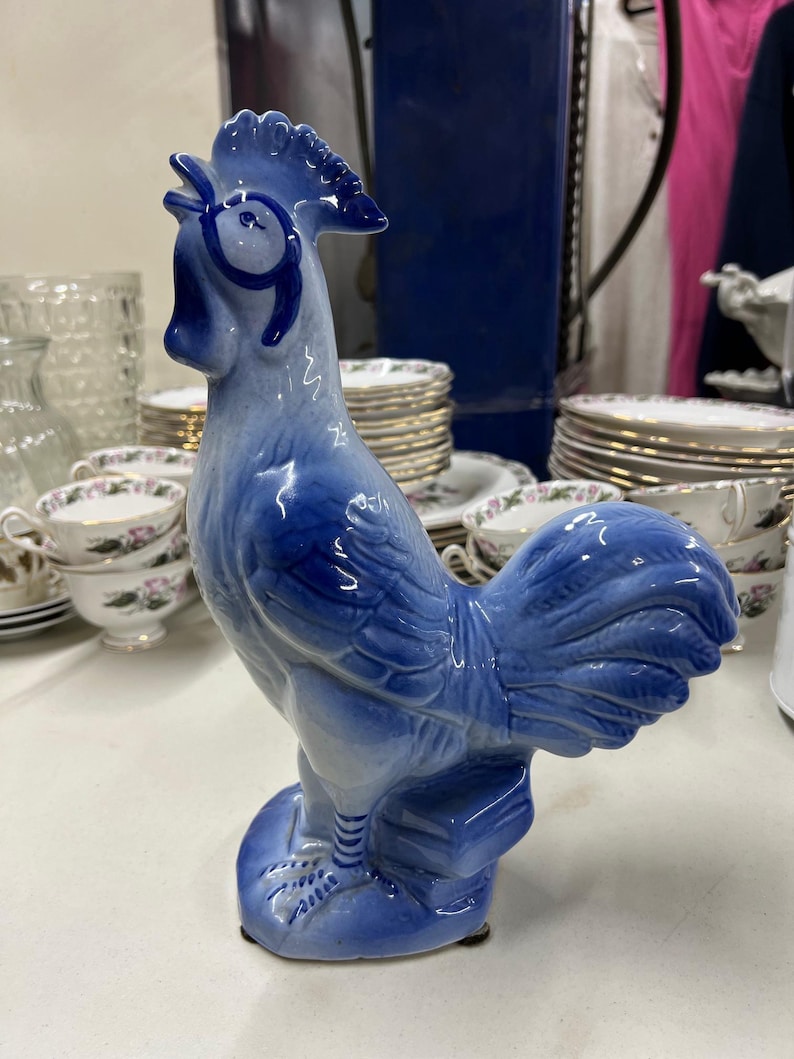 Vintage Porcelain Cobalt Blue & White Art Figurine Farmhouse Rooster - Etsy