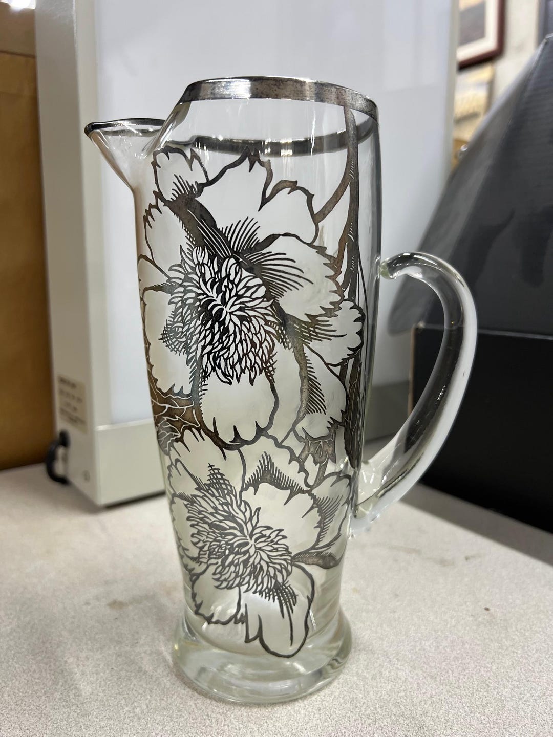 Vintage 9" Tall Glass Pitcher With Sterling Silver Floral Design - Etsy