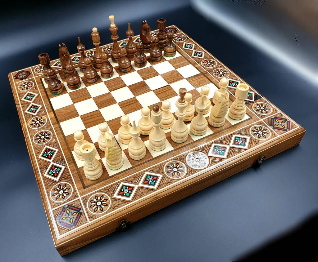 Handmade Wooden Chess Set With Inlaid Chessboard, 3-in-1 Chess ...