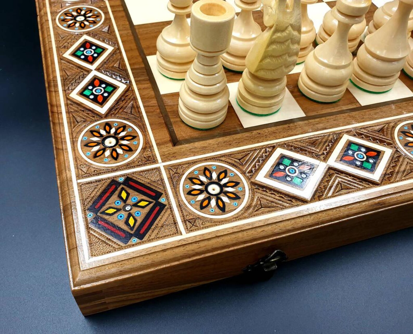 Handmade Wooden Chess Set With Inlaid Chessboard, 3-in-1 Chess ...