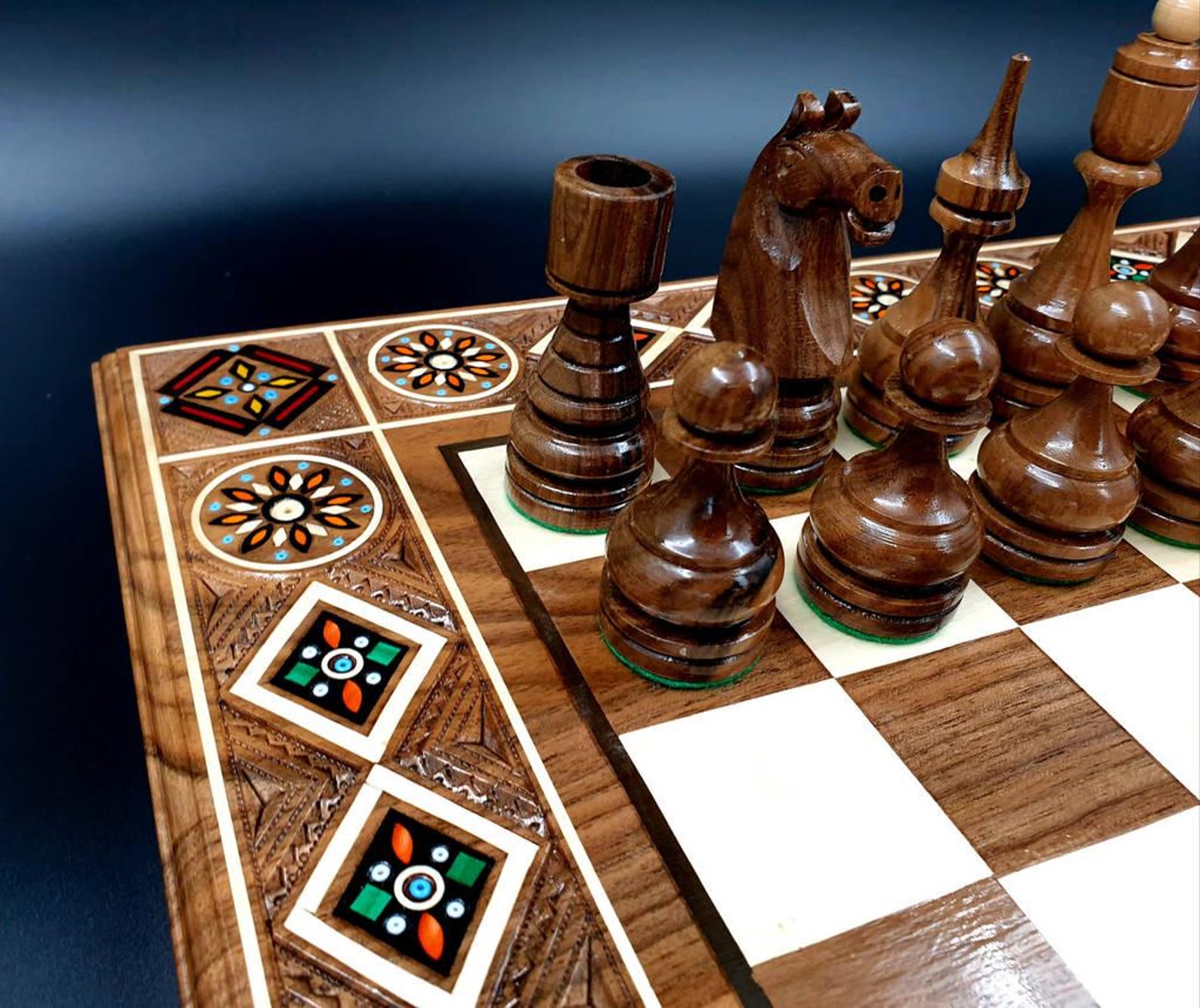 Handmade Wooden Chess Set With Inlaid Chessboard, 3-in-1 Chess ...