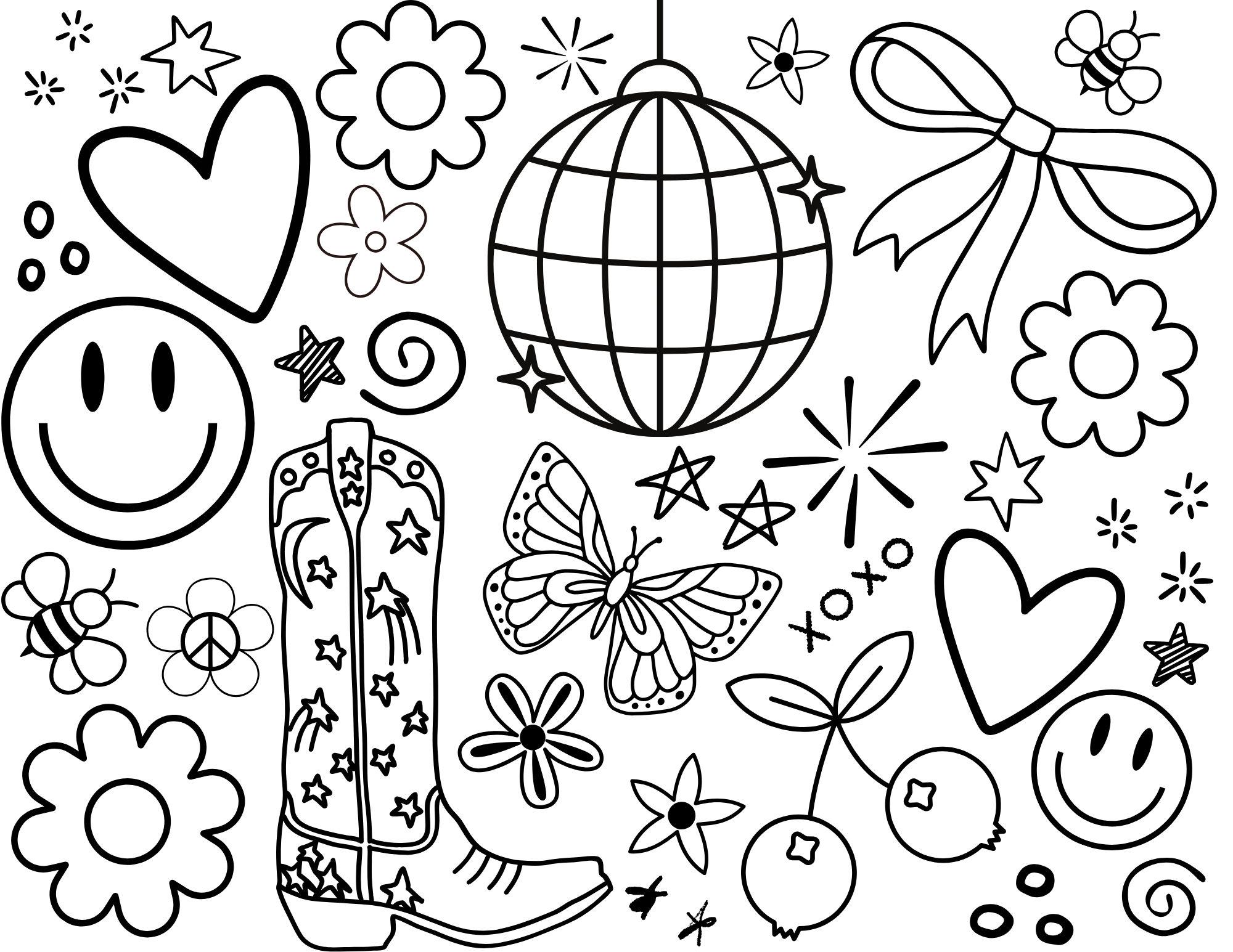 Fun Doodles Coloring Sheet, Whimsical Cute Coloring Sheet, Coquette ...