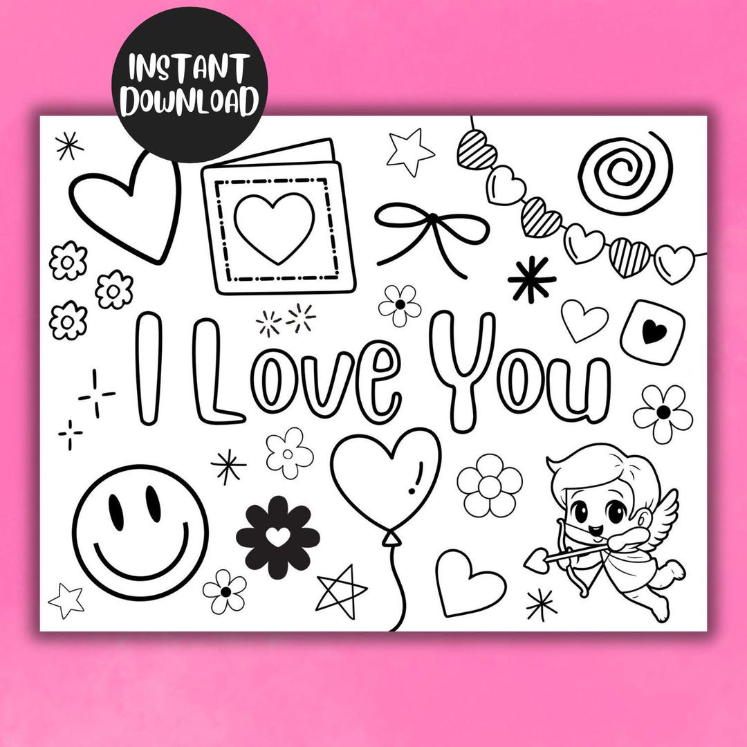 I Love You Valentine's Day Coloring Sheet, Whimsical Cute Preppy ...