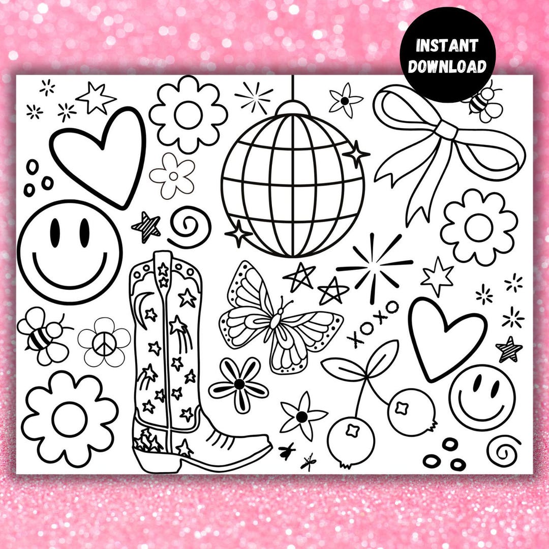 Fun Doodles Coloring Sheet, Whimsical Cute Coloring Sheet, Coquette ...