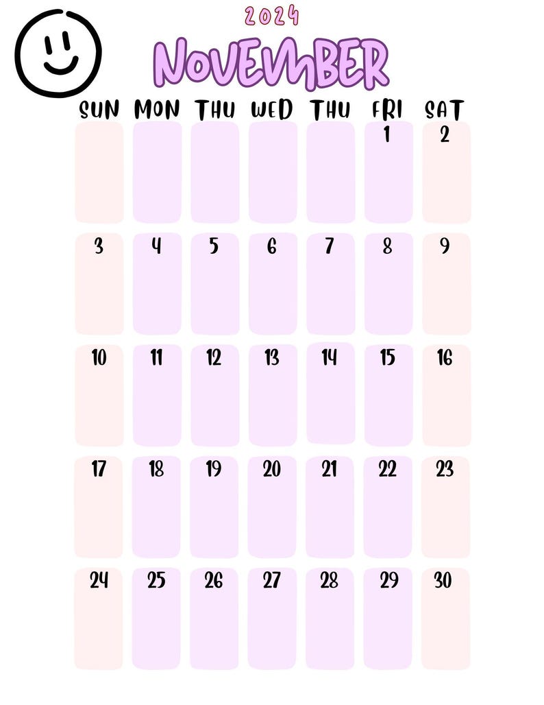 Whimsical Pastel November Calendar, Autumn Fall Calendar, Smiley ...