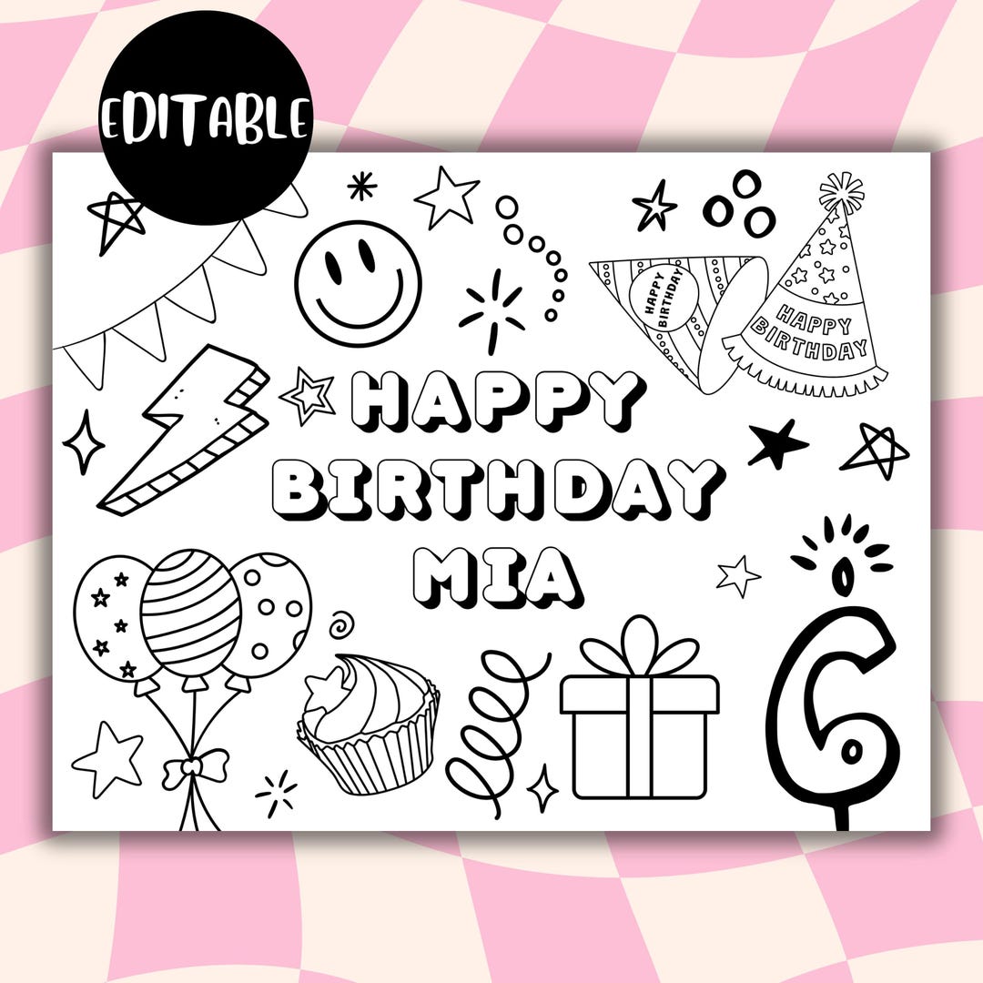 EDITABLE Coloring Sheet for 6th Birthday, Add Your Own Name, Whimsical ...