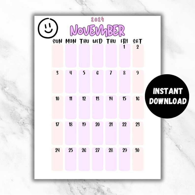 Whimsical Pastel November Calendar, Autumn Fall Calendar, Smiley ...