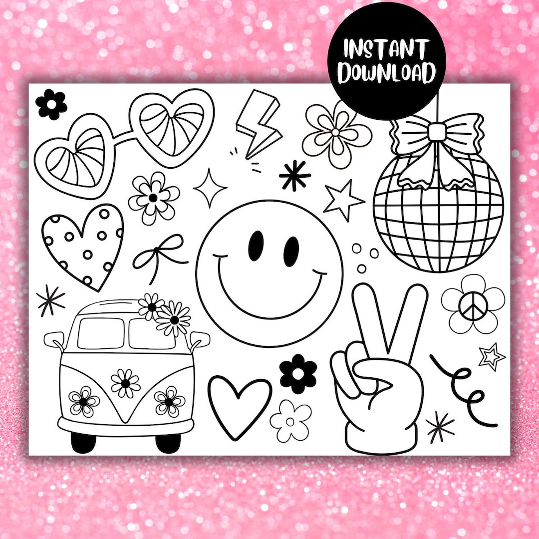 Cute Doodles Coloring Sheet, Whimsical Fun Coloring Sheet, Coquette ...