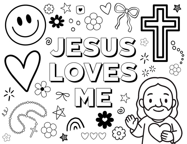 Jesus Loves Me Coloring Sheet, Whimsical Fun Cute Coloring Page, Bible ...