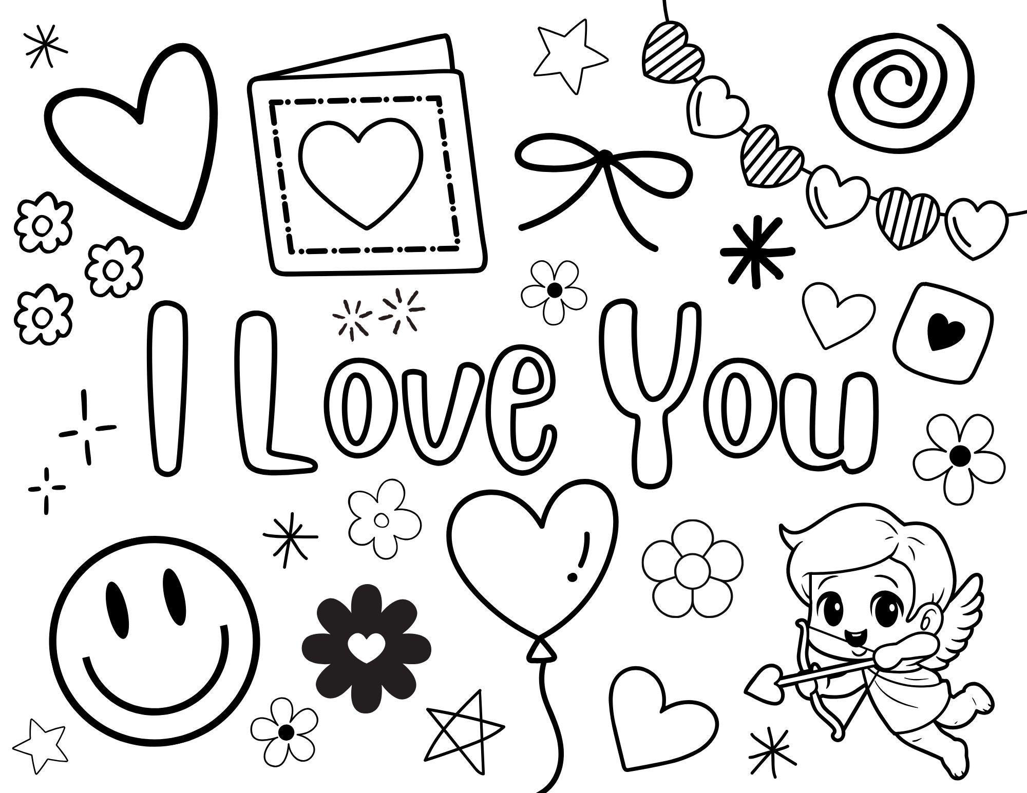 I Love You Valentine's Day Coloring Sheet, Whimsical Cute Preppy ...