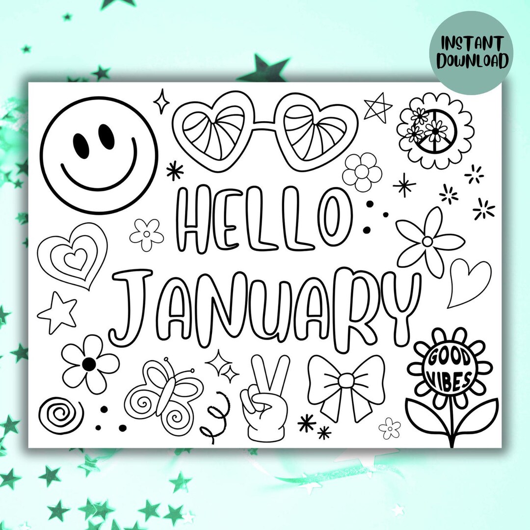 Hello January New Year Coloring Sheet, Whimsical Cute Coloring Sheet ...