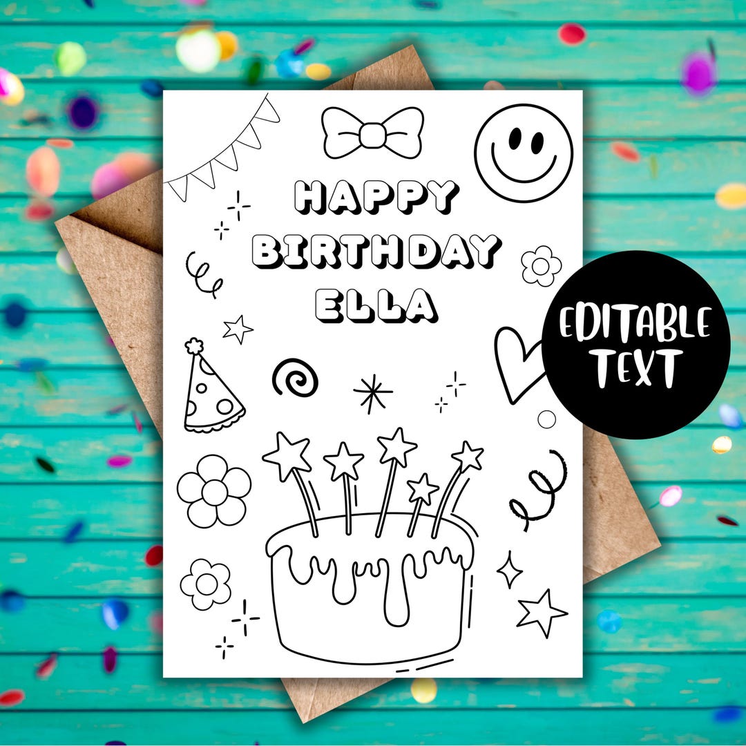EDITABLE Happy Birthday Color Your Own Card, Coloring Card for Kids ...