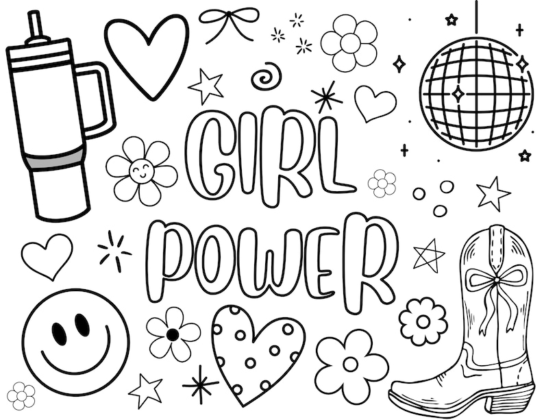 Girl Power, Super Cute Preppy Coloring Sheet, Coloring Page for Fun ...