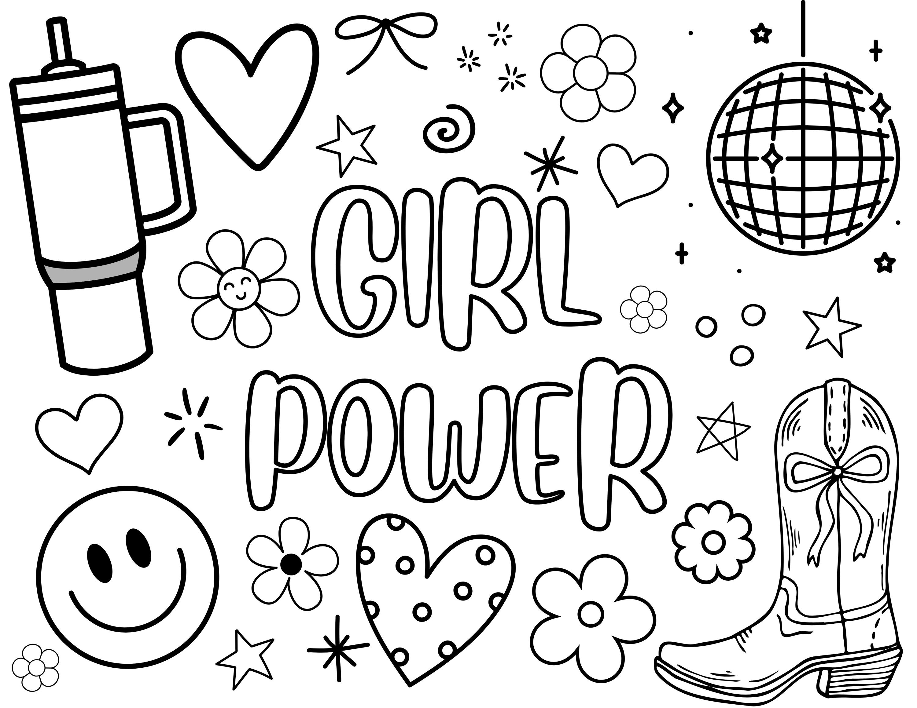 Girl Power, Super Cute Preppy Coloring Sheet, Coloring Page for Fun ...