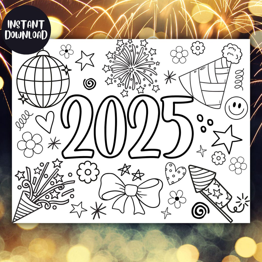 2025 Happy New Year Coloring Sheet, Whimsical Cute Coloring Sheet ...