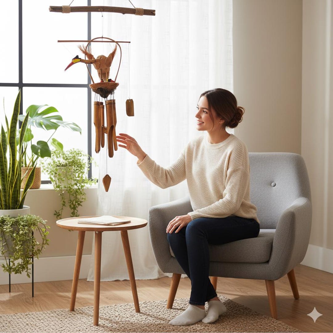 Handmade Bamboo Coconut Wind Chime: Stork Family Ornament - Etsy