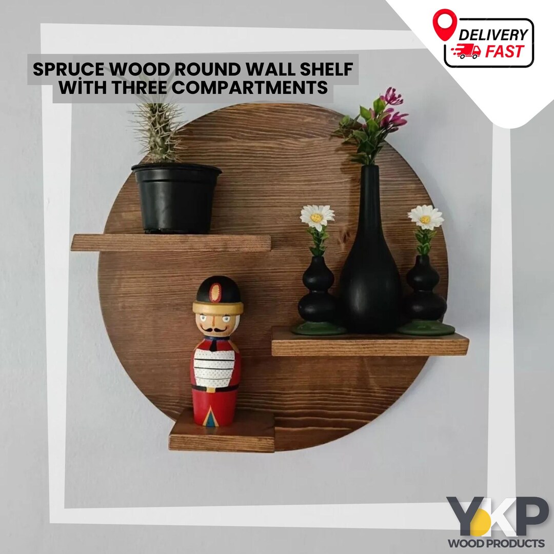 Spruce Wood Round Wall Shelf With Three Compartments - Decorative and ...