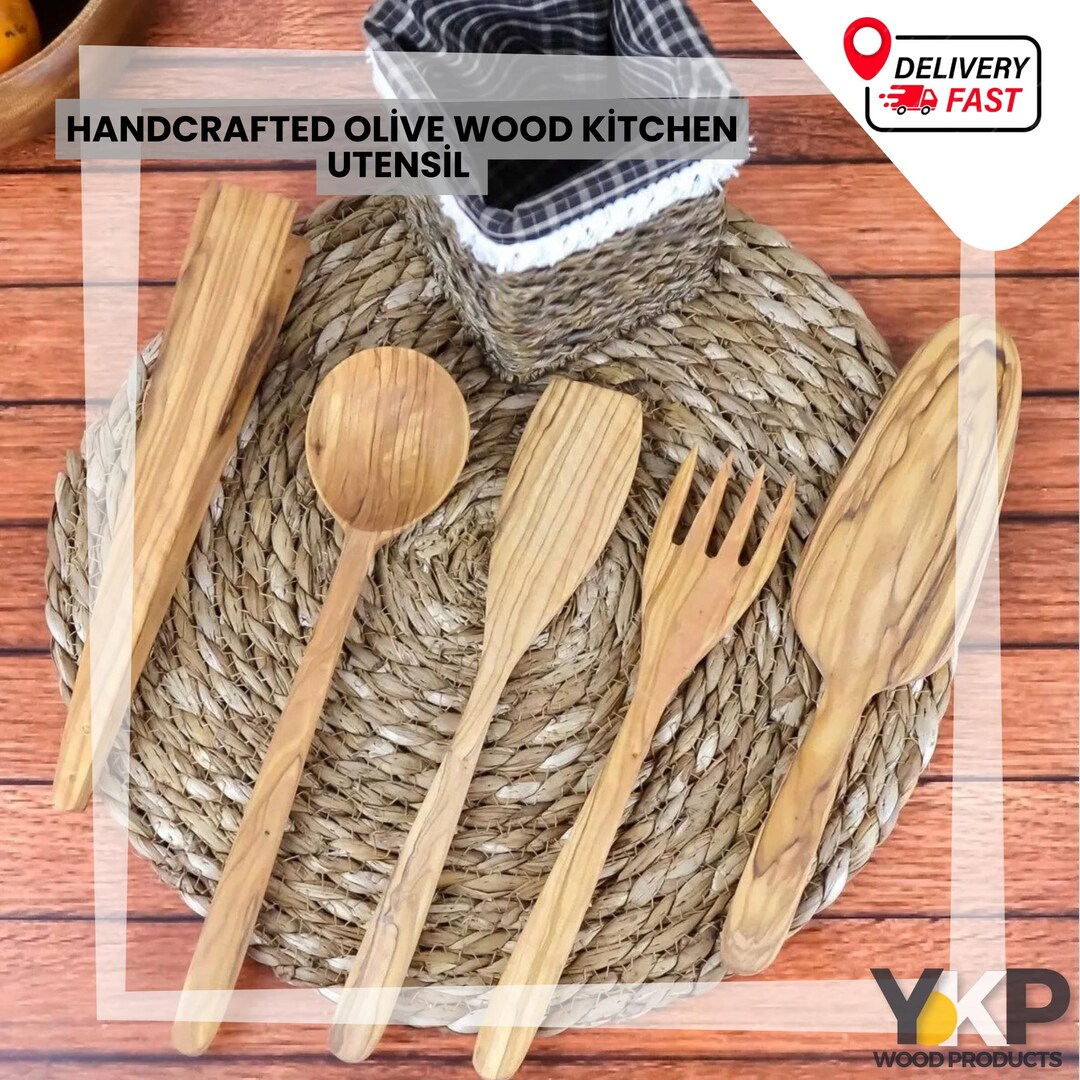 Handcrafted Olive Wood Kitchen Utensil Set With Rustic Wicker Holder ...