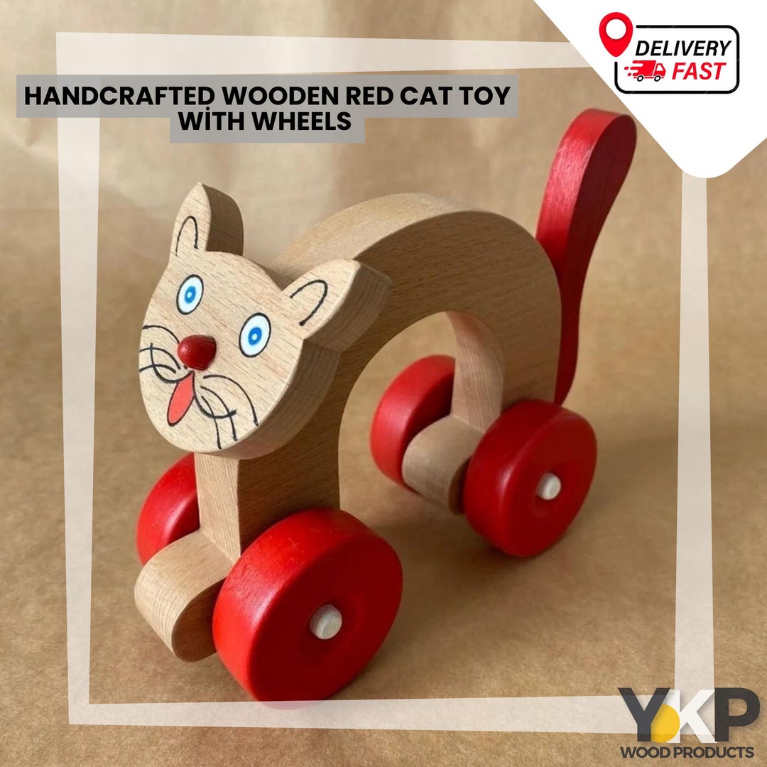 Natural Wooden Toy Red Cat With Wheels, Safe & Fun Toy for Toddlers ...