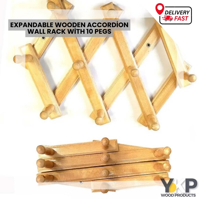 Expandable Wooden Accordion Wall Rack With 10 Pegs – Rustic Wall ...