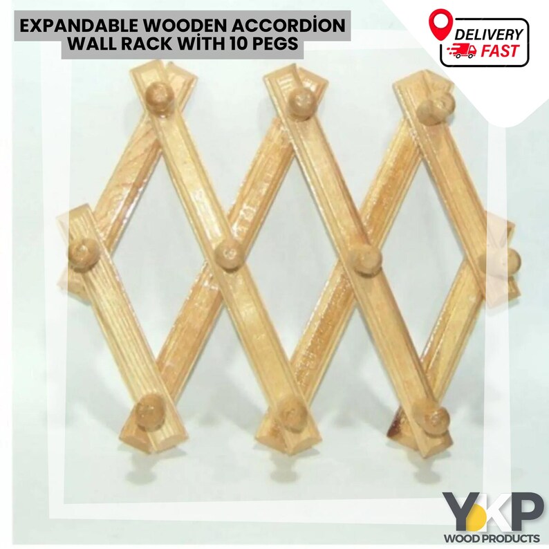 Expandable Wooden Accordion Wall Rack With 10 Pegs – Rustic Wall ...