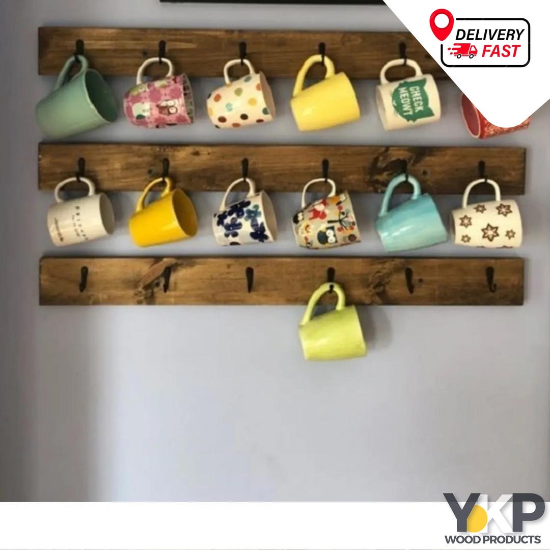 Handmade Wooden Mug Rack - Decorative Pine Cup Holder, Rustic ...