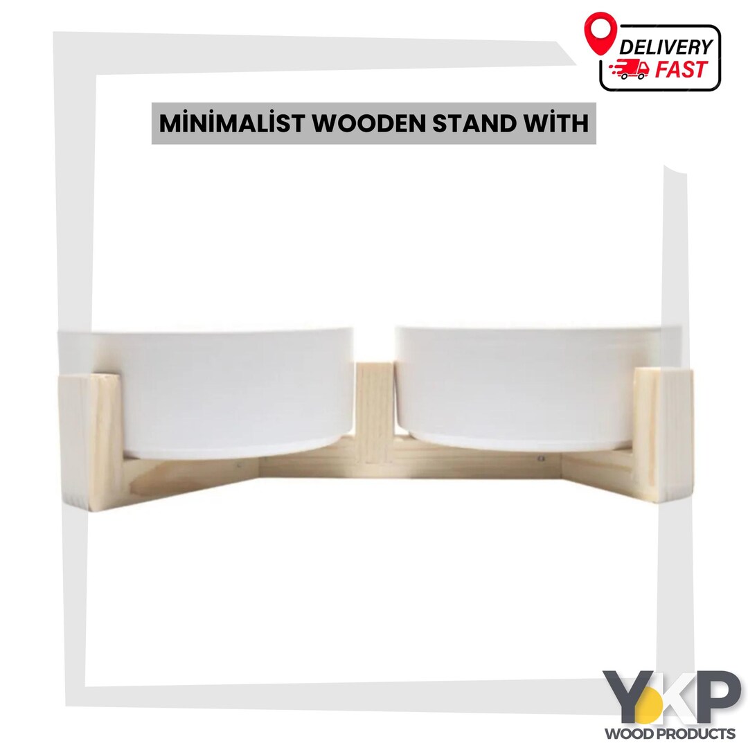 Minimalist Wooden Stand With Double Ceramic Bowl for Pet Food and Water ...