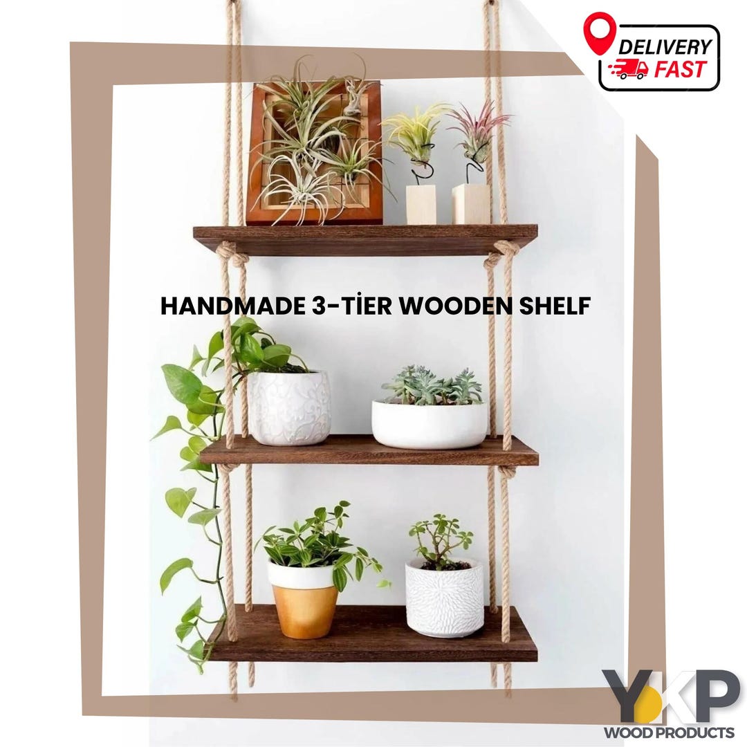 Handmade 3-tier Wooden Shelf – Decorative Wall Shelf, Book Display ...