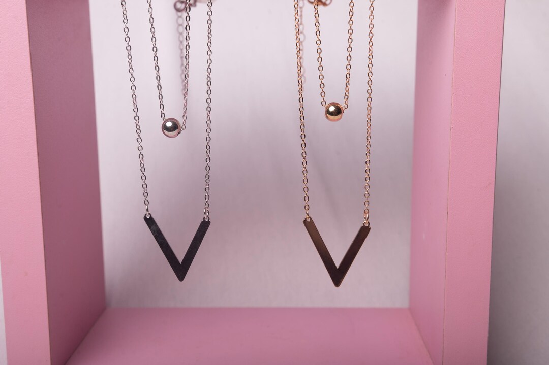 Double Layer Chevron Pendant Necklace: Rose and Silver Ball Chain - Etsy