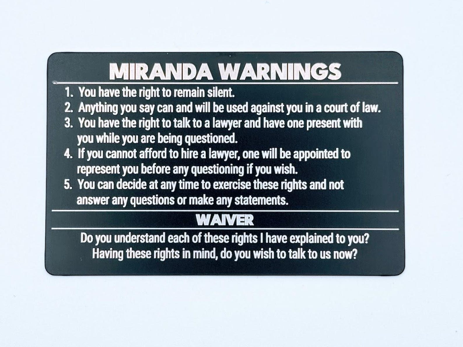 Laser Engraved Metal Miranda Warning Card | English & Spanish Double ...