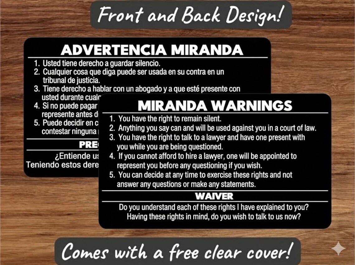 Laser Engraved Metal Miranda Warning Card | English & Spanish Double ...