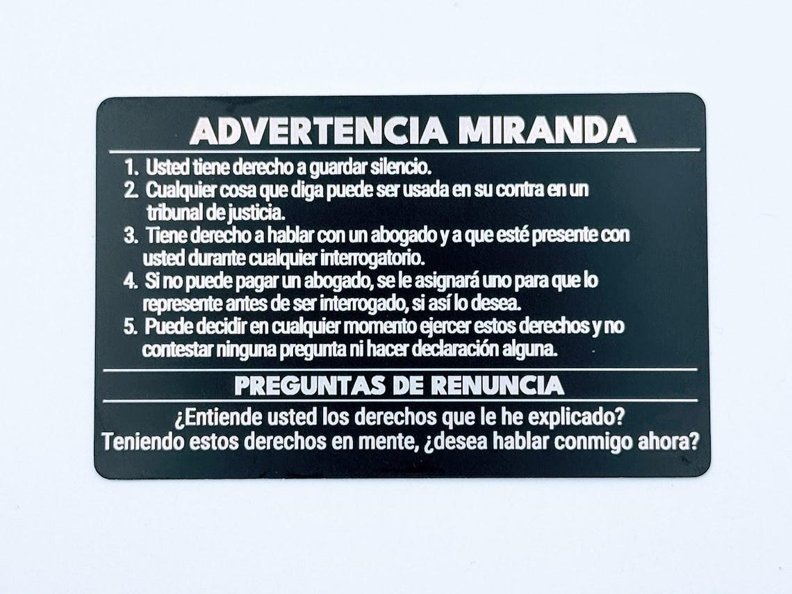 Laser Engraved Metal Miranda Warning Card | English & Spanish Double ...