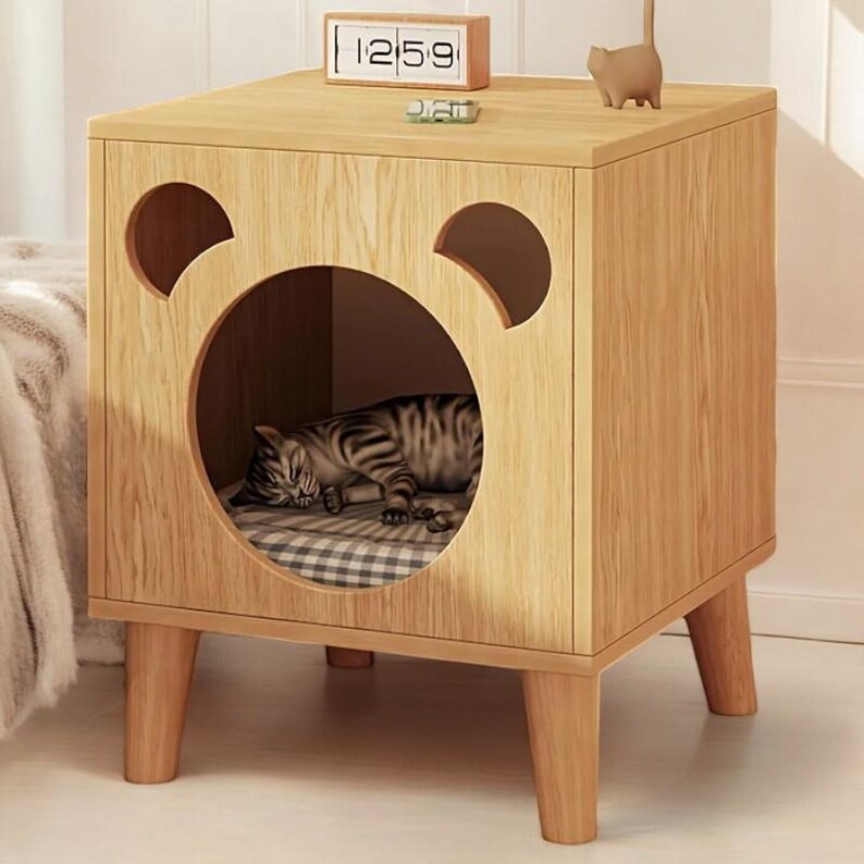 Modern Side Table With Small Cat Cave, Wooden Cat Furniture, Semi ...