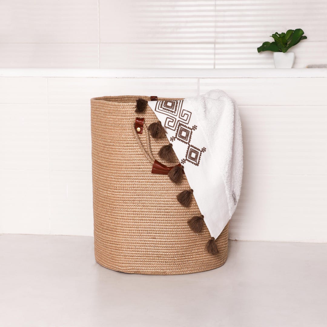 Natural Jute Storage Basket With Leather Handles - Etsy