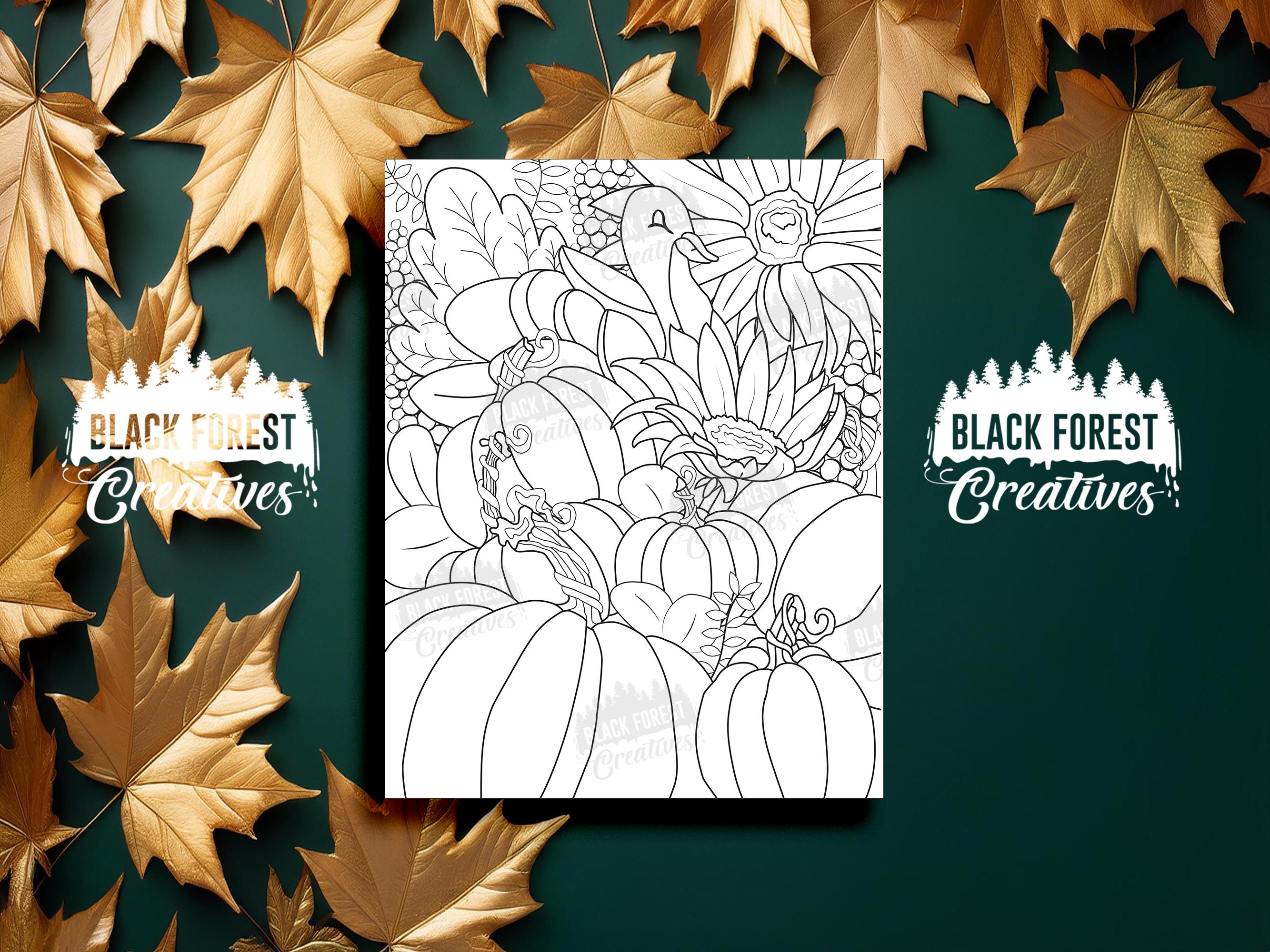 Autumn Printable Coloring Page, Includes Pumpkins, Flowers, Turkey ...
