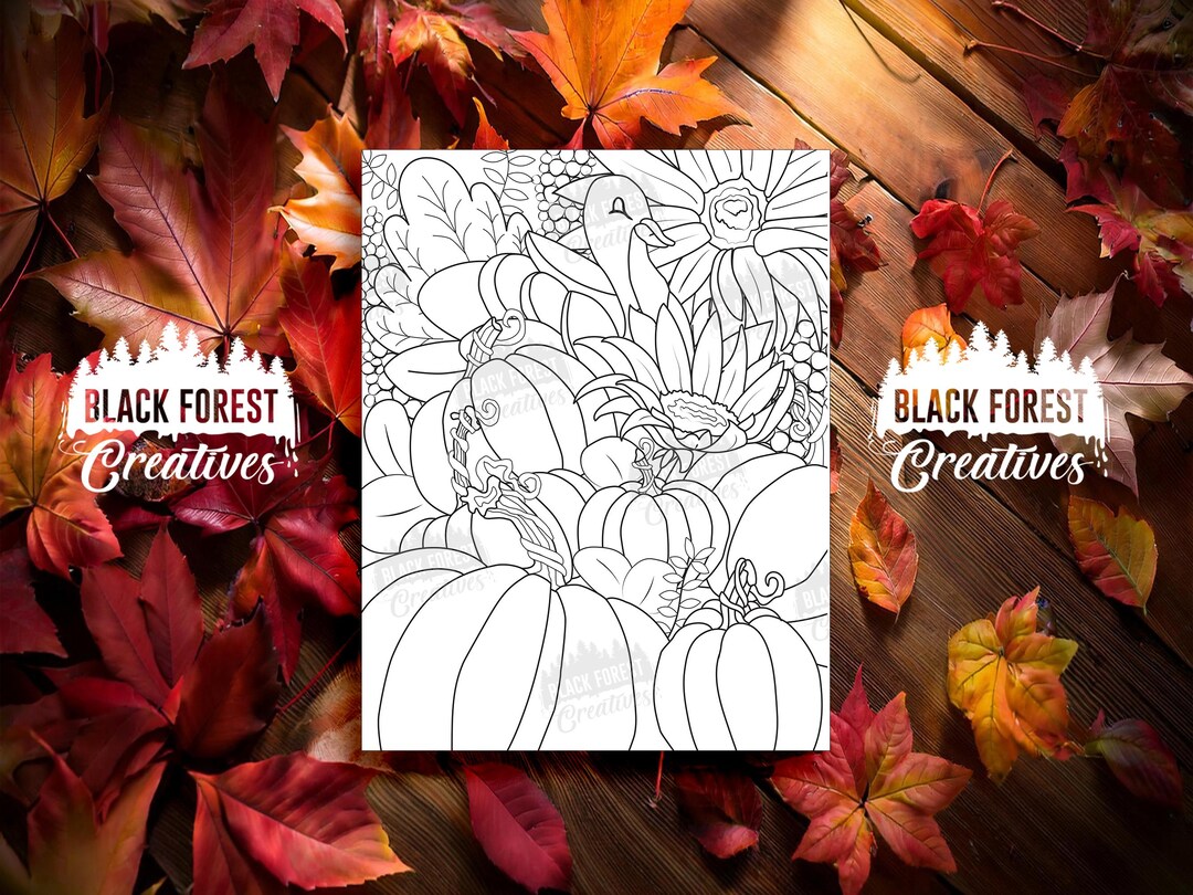 Autumn Printable Coloring Page, Includes Pumpkins, Flowers, Turkey ...