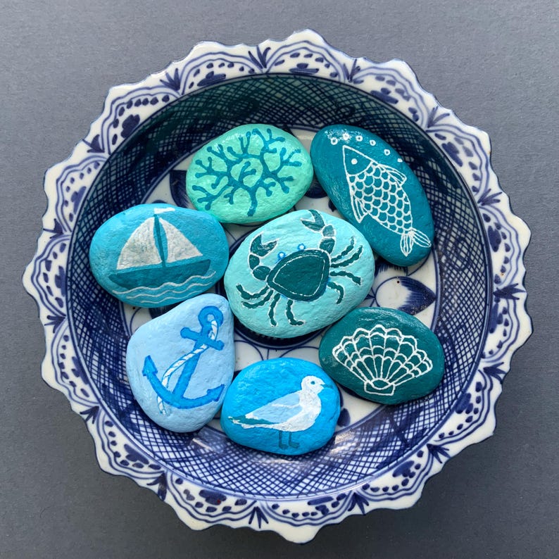 Set of Seven Sea-themed Painted Rocks - Etsy