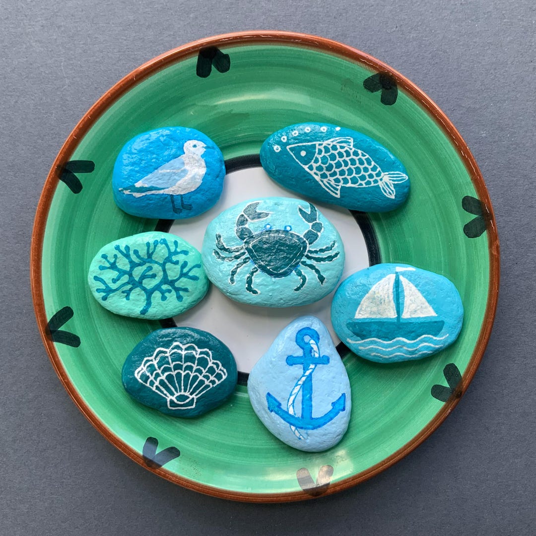 Set of Seven Sea-themed Painted Rocks - Etsy