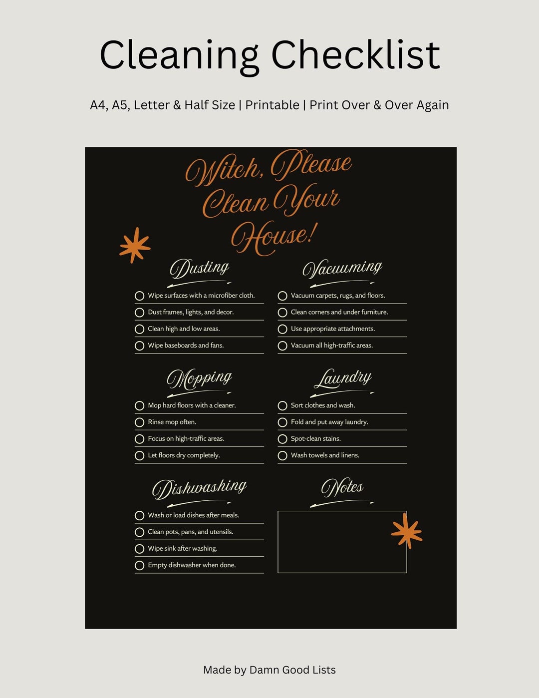 PRINTABLE Cleaning Checklist for Every Room, A4/a5/letter/half Size ...