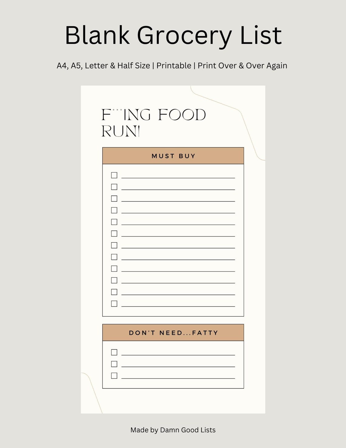 PRINTABLE Grocery List, Blank Grocery List, Grocery List, Fun Grocery ...